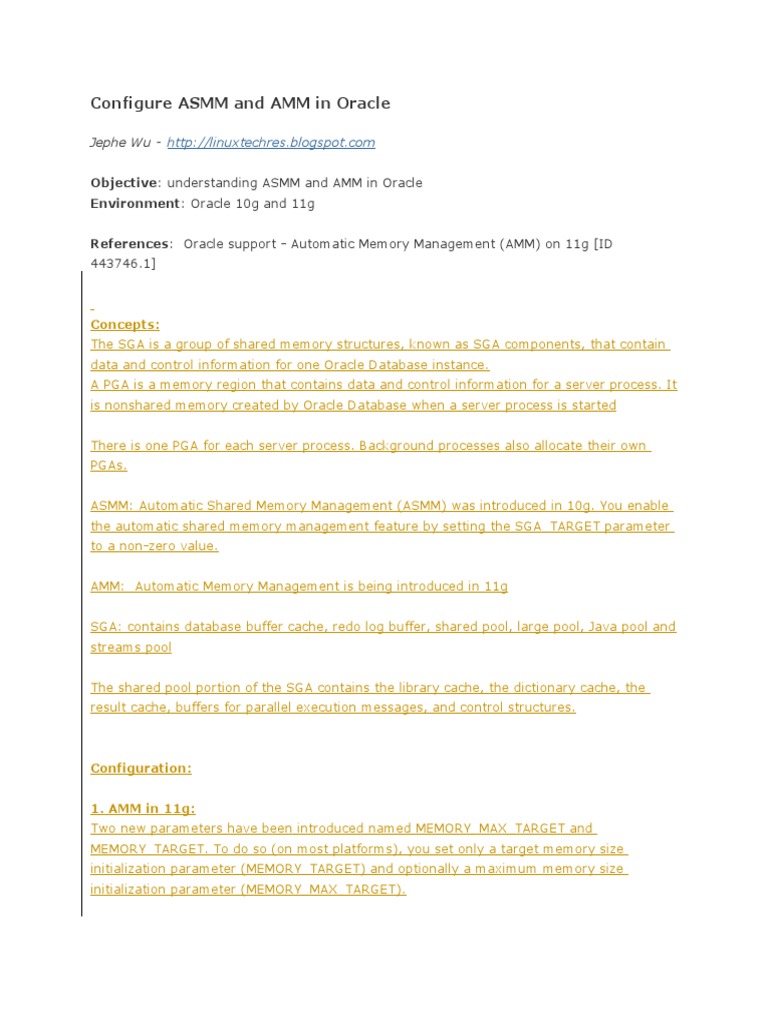 Configure ASMM and AMM in Oracle | PDF | Cache (Computing) | Databases