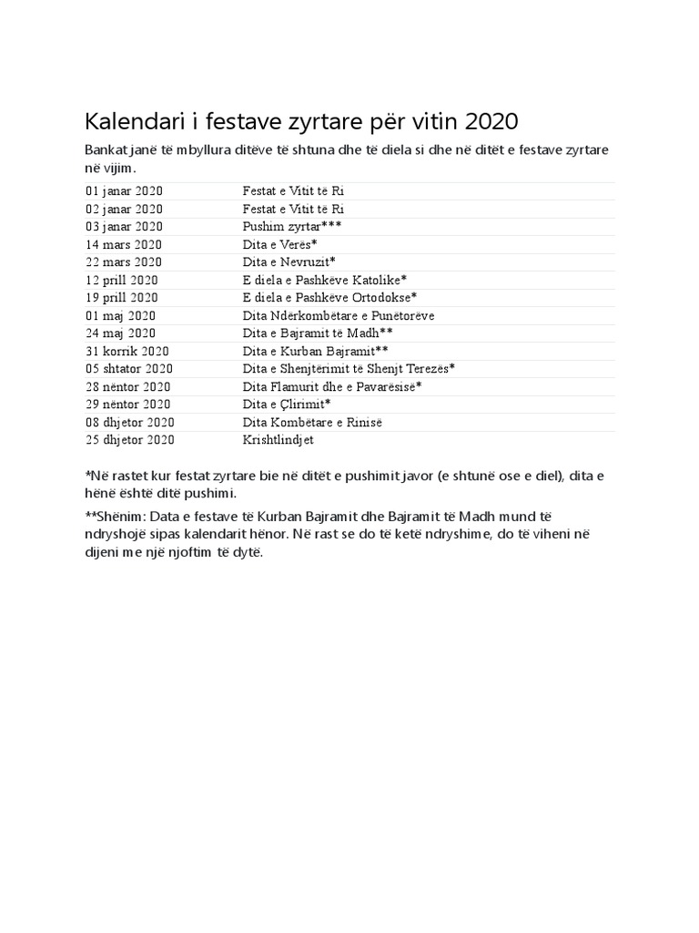 Kalendari I Festave Zyrtare Për Vitin 2020 - Copy (3) .Odt | PDF