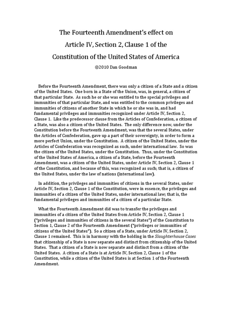The Fourteenth Amendment's Effect On Article IV, Section 2, Clause 1 ...