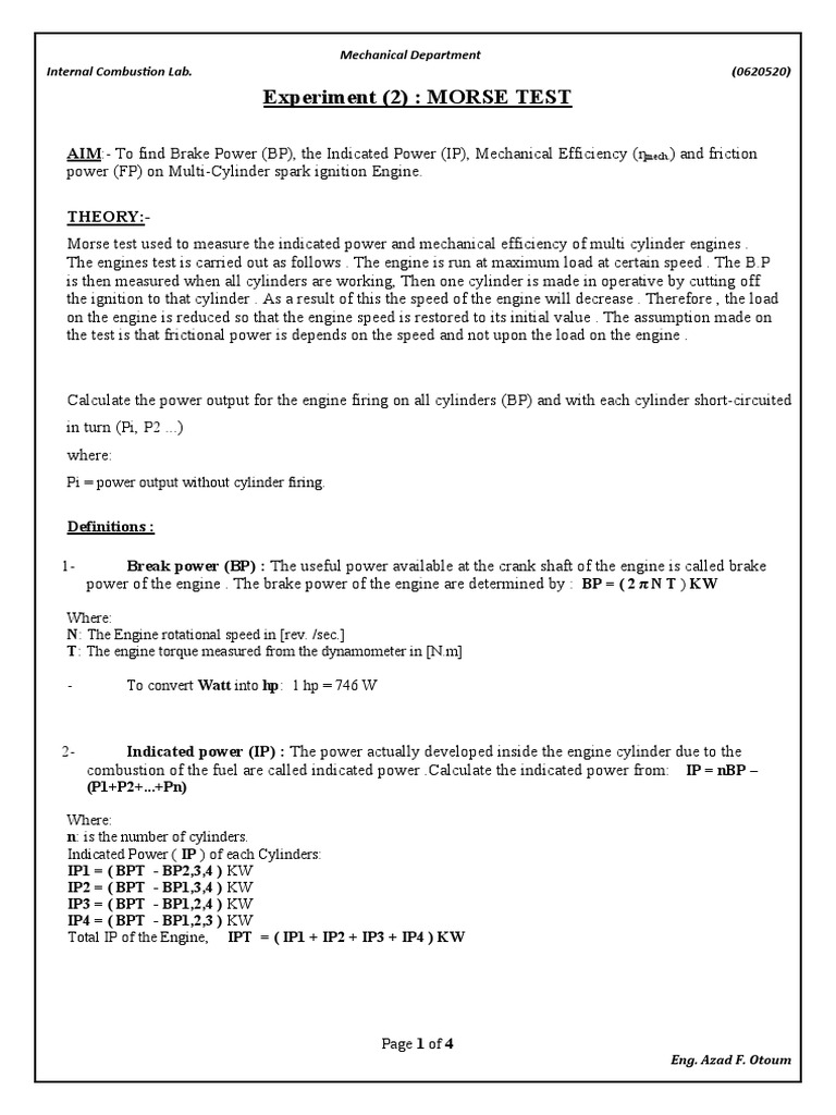 Morse Test New | PDF | Engines | Horsepower