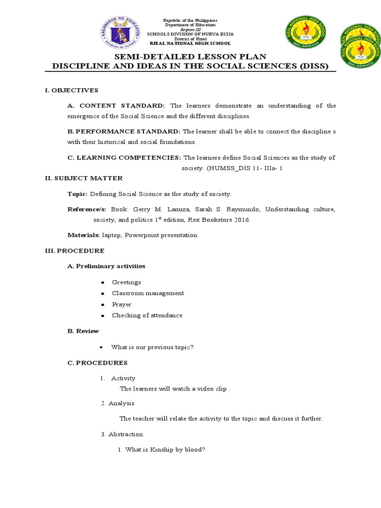 Semi Detailed Lesson Plan in Ucsp (Kinship by Blood) | PDF | Kinship | Lesson Plan