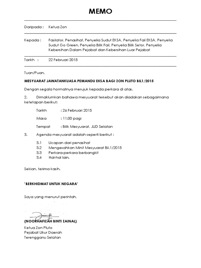 Memo Mesyuarat Zon Pluto Bil.12015 PDF | PDF