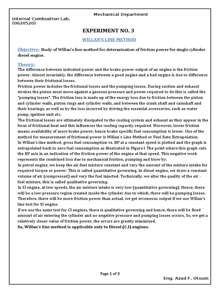 EXPERIMENT NO 3 Willan's Line | PDF | Internal Combustion Engine ...