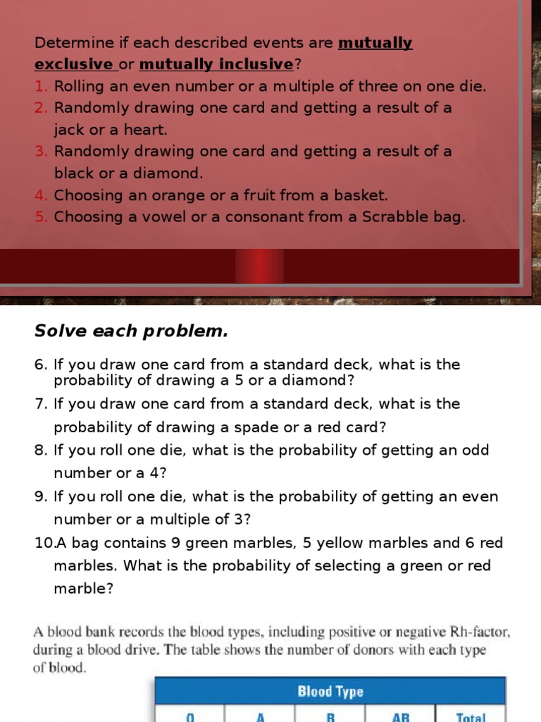 Mutually Exclusive-Inclusive Events Quiz | PDF