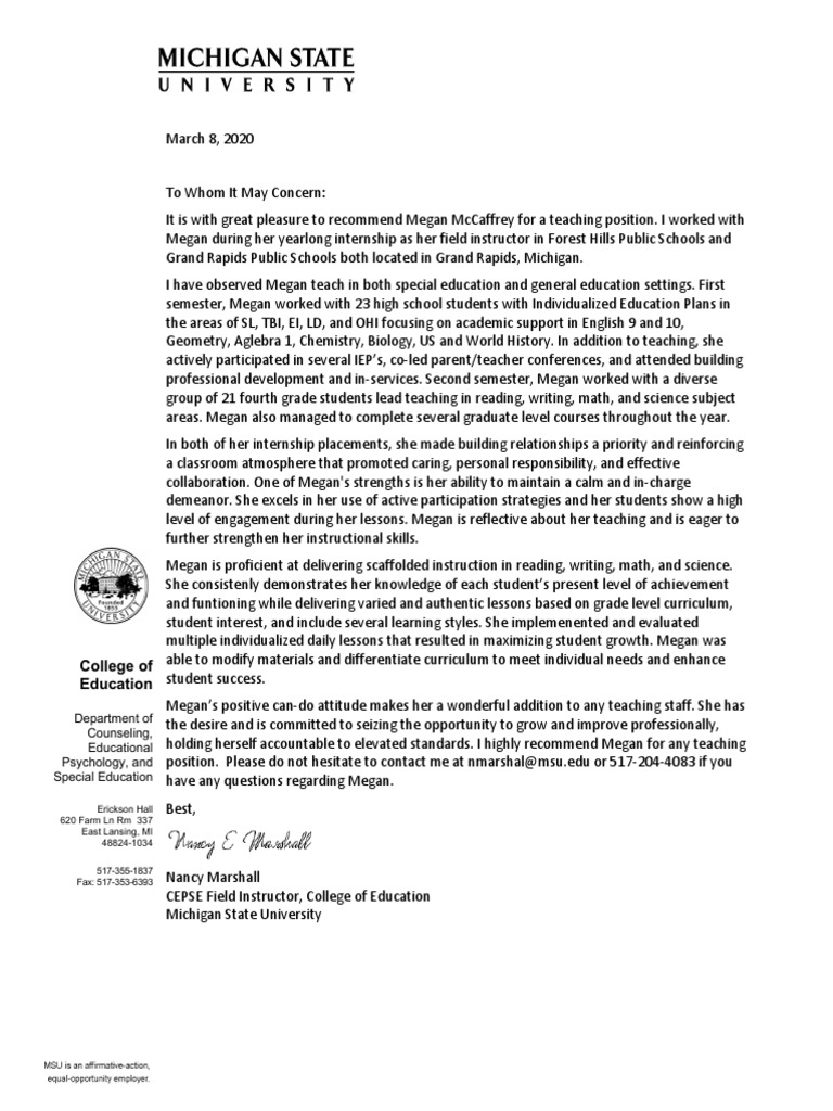 Recommendation for Megan McCaffrey | PDF | Individualized Education ...