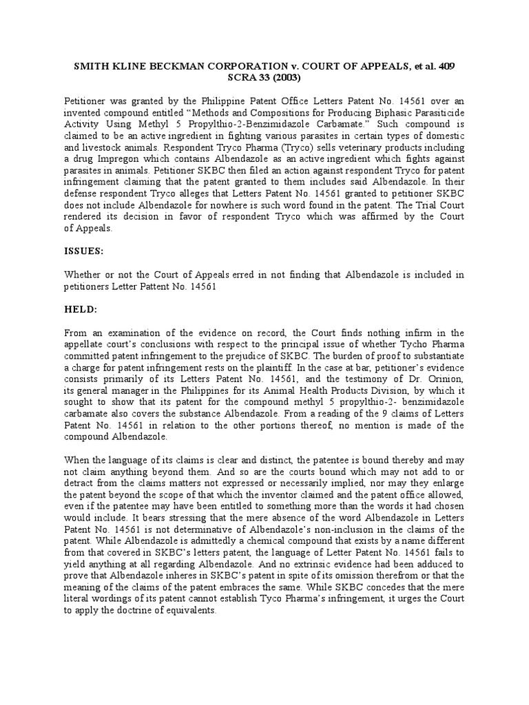 SMITH KLINE BECKMAN V CA GR 126627 | PDF | Doctrine Of Equivalents | Patent