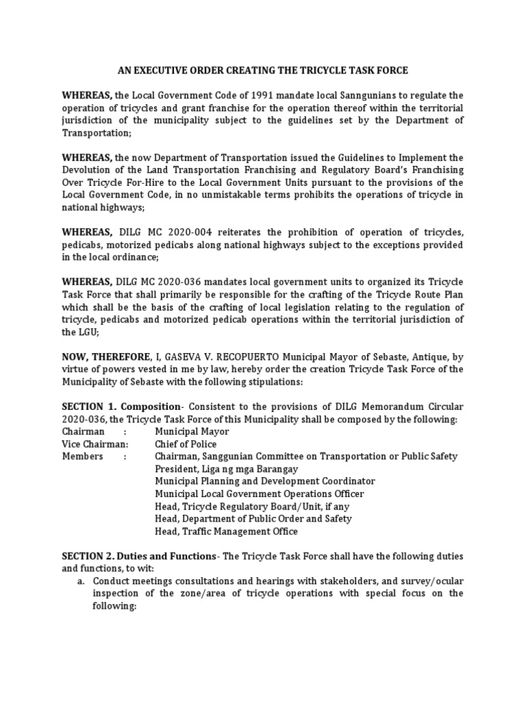 An Executive Order Creating The Tricycle Task Force | PDF | Public Law ...