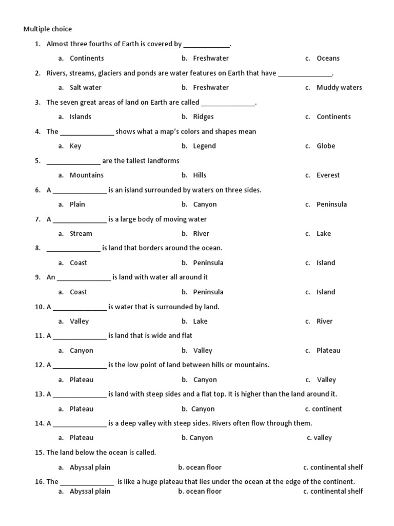 Earth's Features, Weather Worksheet | PDF | Plateau | Valley