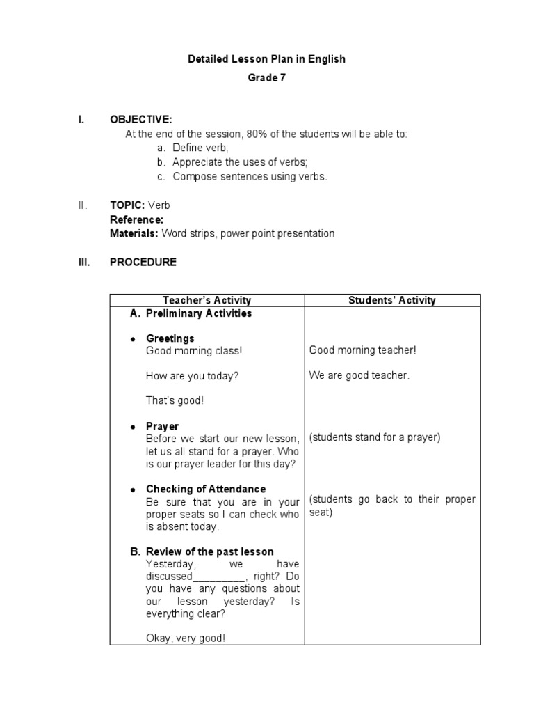 Grade 7 Verb Lesson Plan | PDF | Predicate (Grammar) | Verb