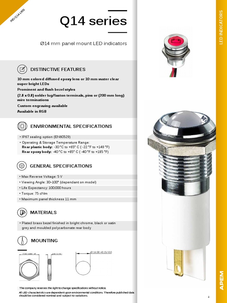 Apem 06172019 Q14 Series-1605261 | PDF | Rgb Color Model | Light Emitting Diode