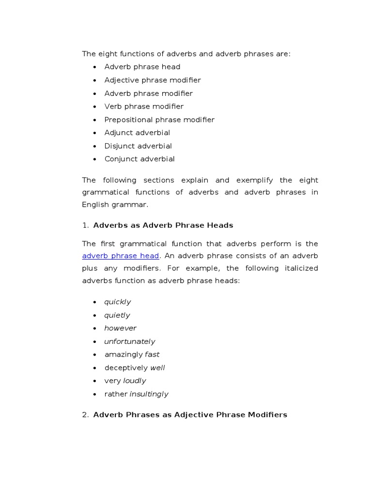 The Eight Functions of Adverbs and Adverb Phrases Are | PDF | Adverb ...
