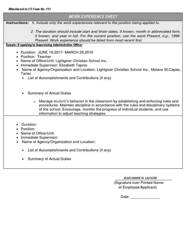 Work Experience Sheet Template | PDF | Career & Growth | Business