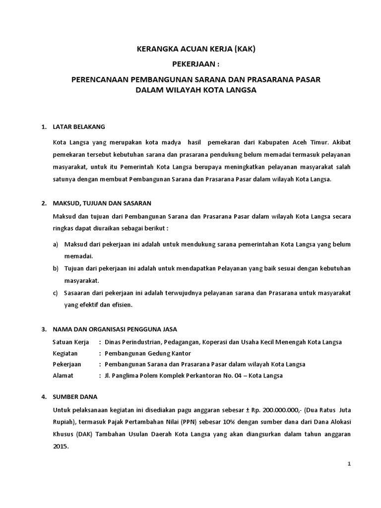 Kerangka Acuan Kerja (Kak) Pekerjaan - Perencanaan Pembangunan Sarana Dan Prasarana Pasar Dalam ...