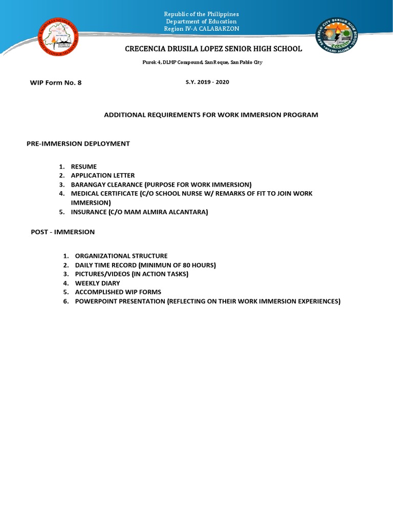 Requirements For Work Immersion | PDF