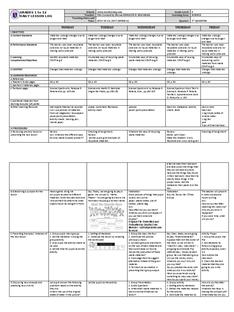 Grade 5 DLL SCIENCE 5 Q1 Week 6a | PDF | Reuse | Recycling