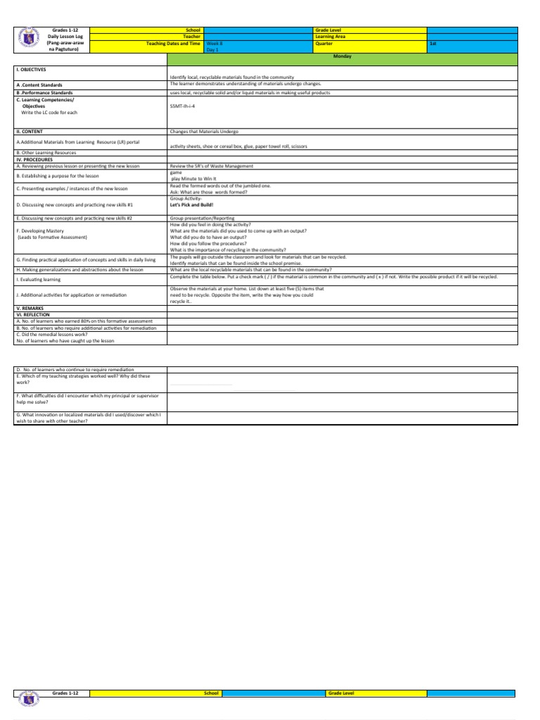 Grade 5 DLL SCIENCE 5 Q1 Week 8 | Download Free PDF | Teachers | Learning