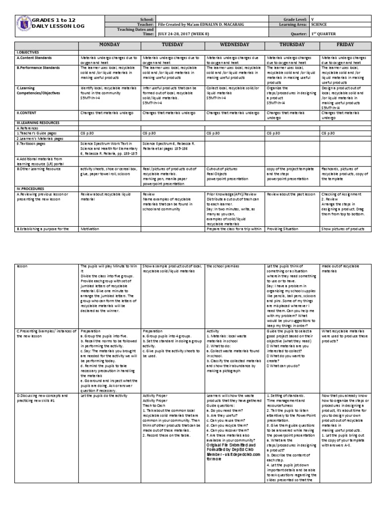 Grade 5 DLL SCIENCE 5 Q1 Week 8a | PDF | Differentiated Instruction ...