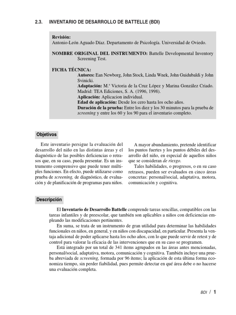 BDI - Inventario de Desarrollo Battelle | PDF | Validez (Estadísticas) | Neurociencia