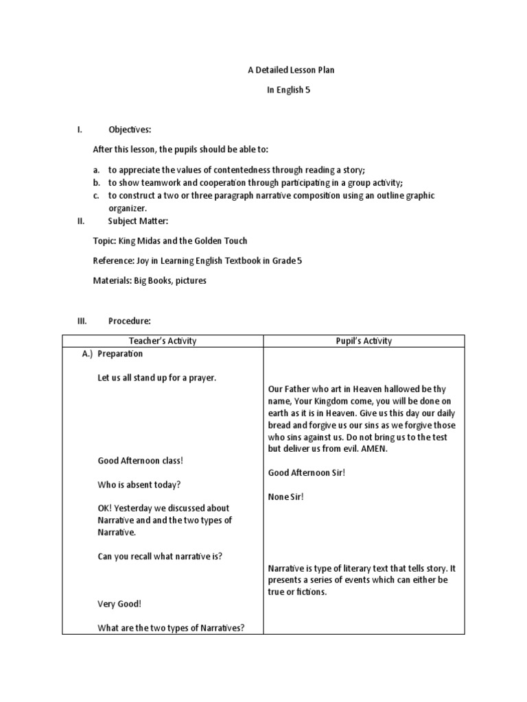 A Detailed Lesson Plan | PDF | Narrative | Lesson Plan