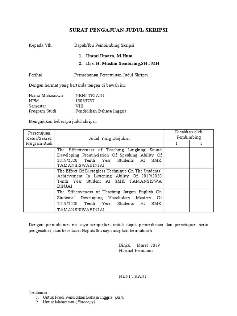 Surat Pengajuan Judul Skripsi | PDF