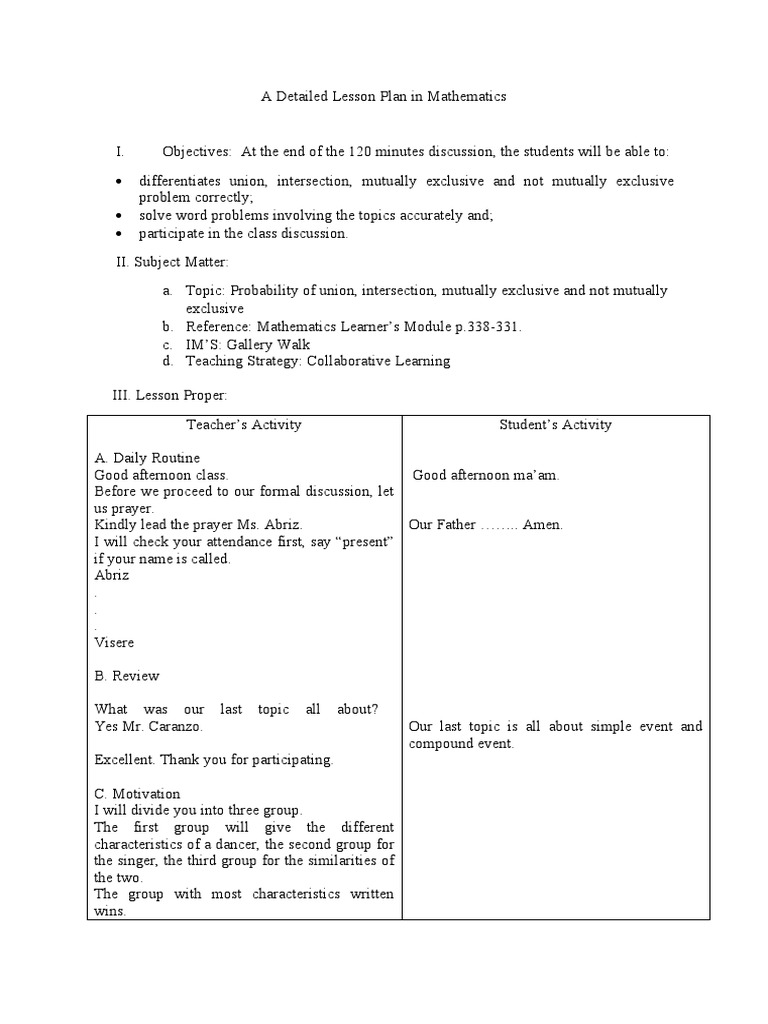 Union and Intersection Revised | PDF | Probability | Lesson Plan