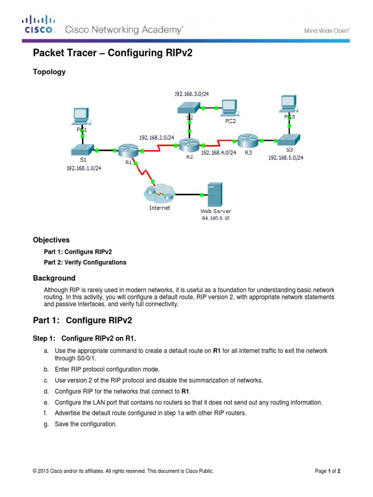3.2.1.8 Packet Tracer - Configuring RIPv2 Instructions PDF | PDF