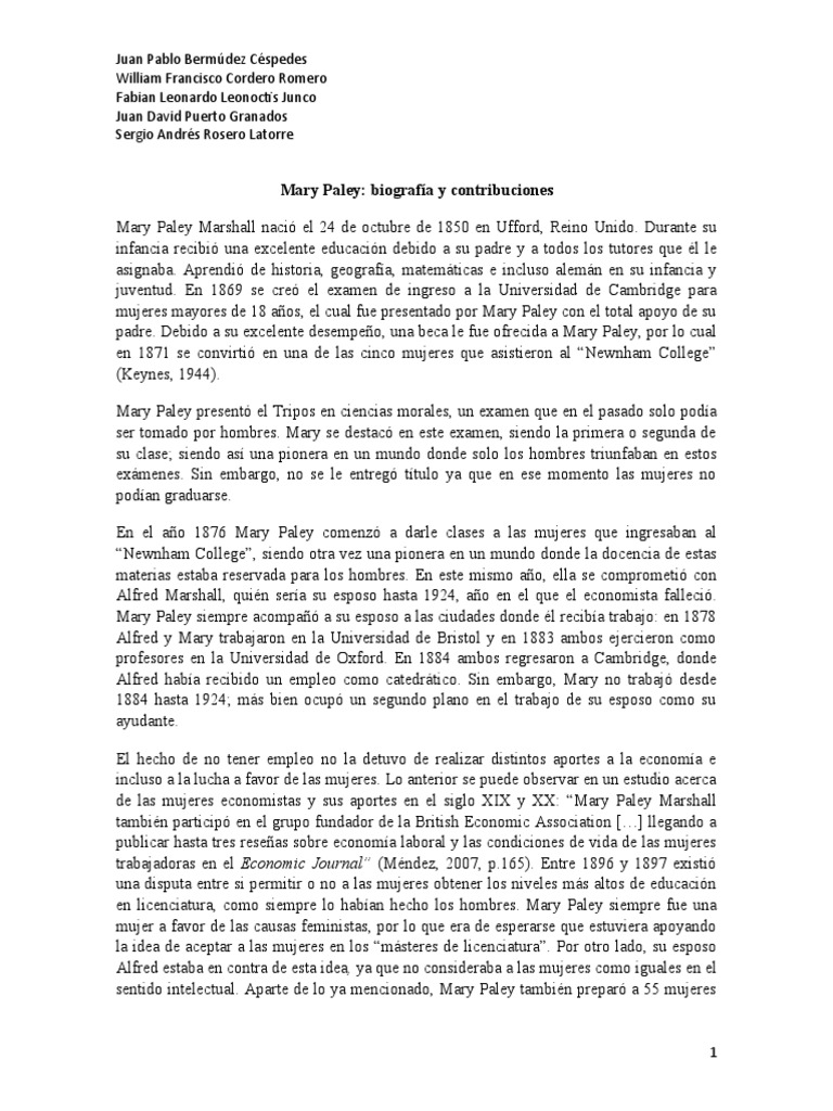 Biografía y Colaboraciones Mary Paley | PDF | Economias | Escuelas