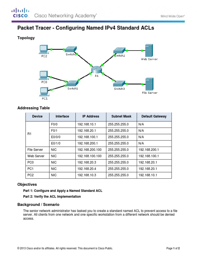 7.2.1.7 Packet Tracer - Configuring Named Standard IPv4 ACLs Instructions | PDF | Network ...