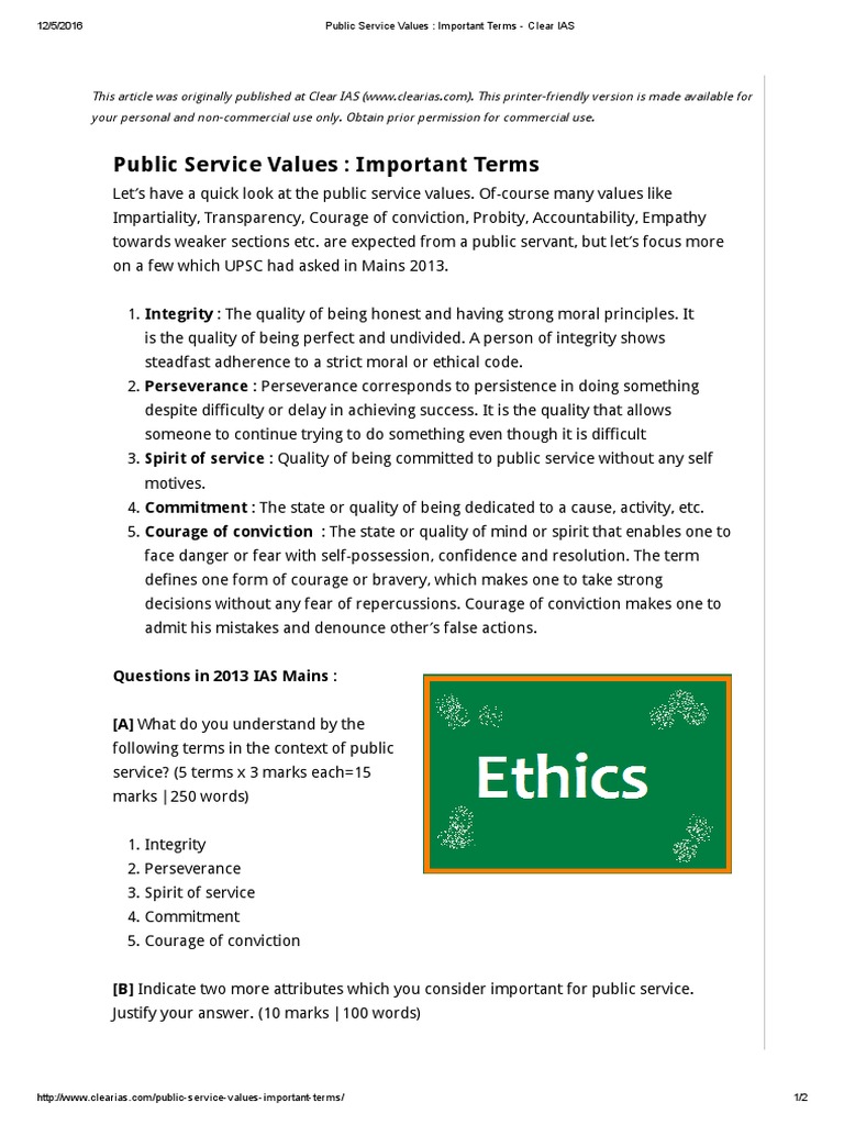 Public Service Values - Important Terms - Clear IAS | PDF | Courage | Integrity