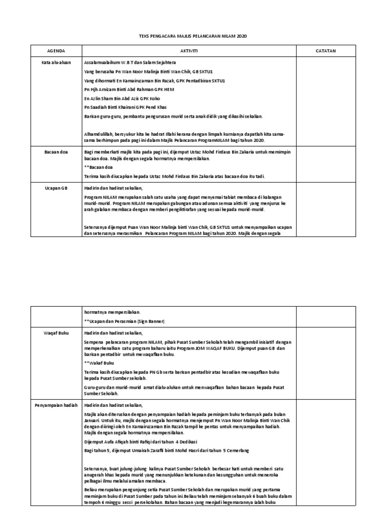 Teks MC Pelancaran NILAM 2020 | PDF
