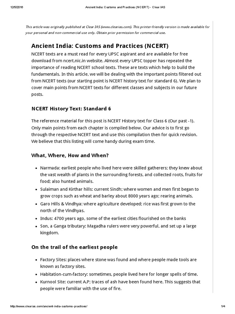 Ancient India - Customs and Practices (NCERT) - Clear IAS | PDF ...