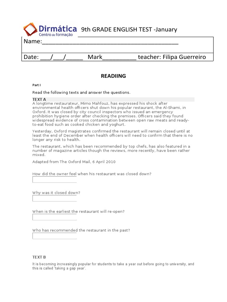 9th Grade English Test - January: Reading Comprehension, Grammar ...