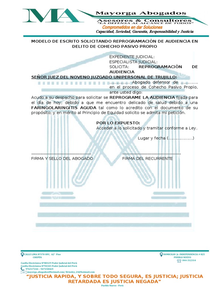 35.-Modelo de Escrito Solicitando Reprogramación de Audiencia en Delito de Cohecho Pasivo Propio ...