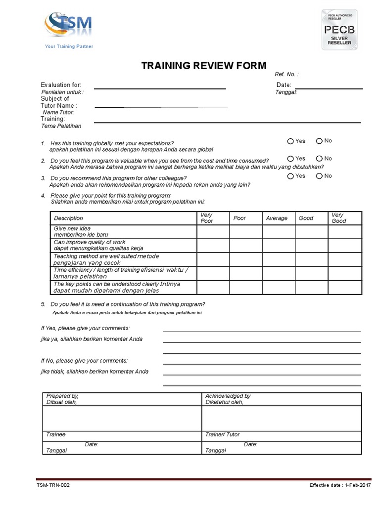 TSM-TRN-002 Training Review Form | PDF