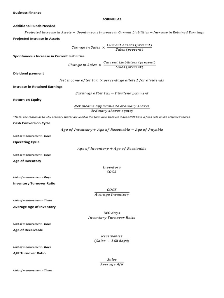 Business Finance Formulas Overview | PDF | Investing | Financial Economics