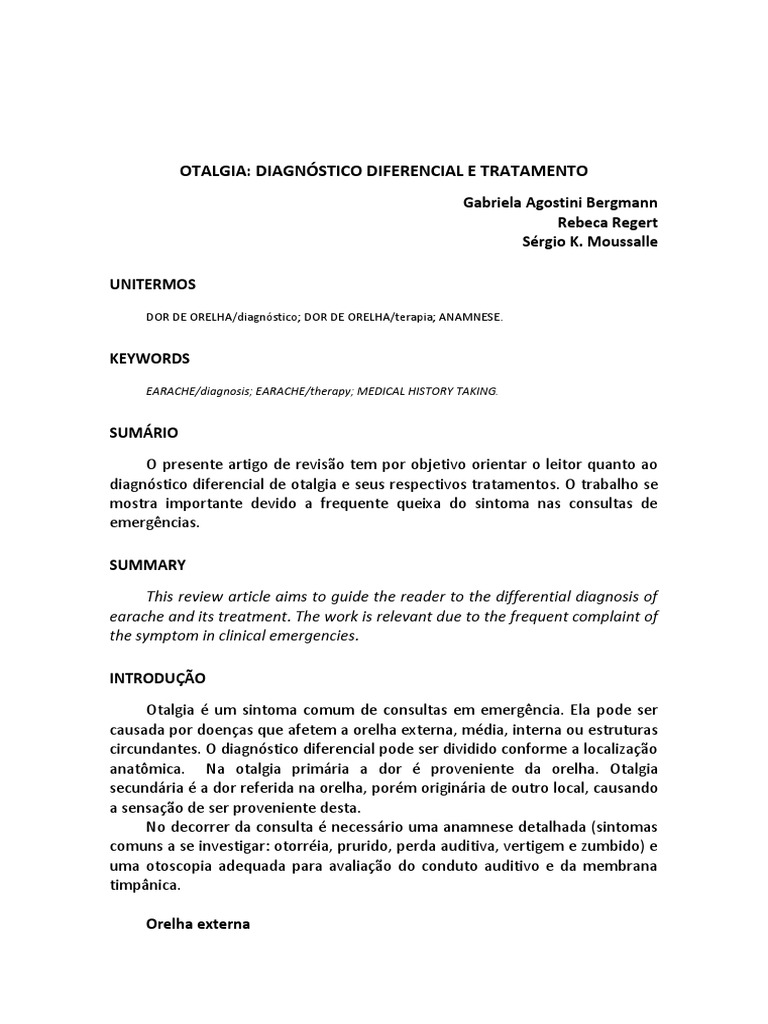 Otalgia Diagnostico Diferencial e Tratamento PDF | PDF | Orelha | Audição