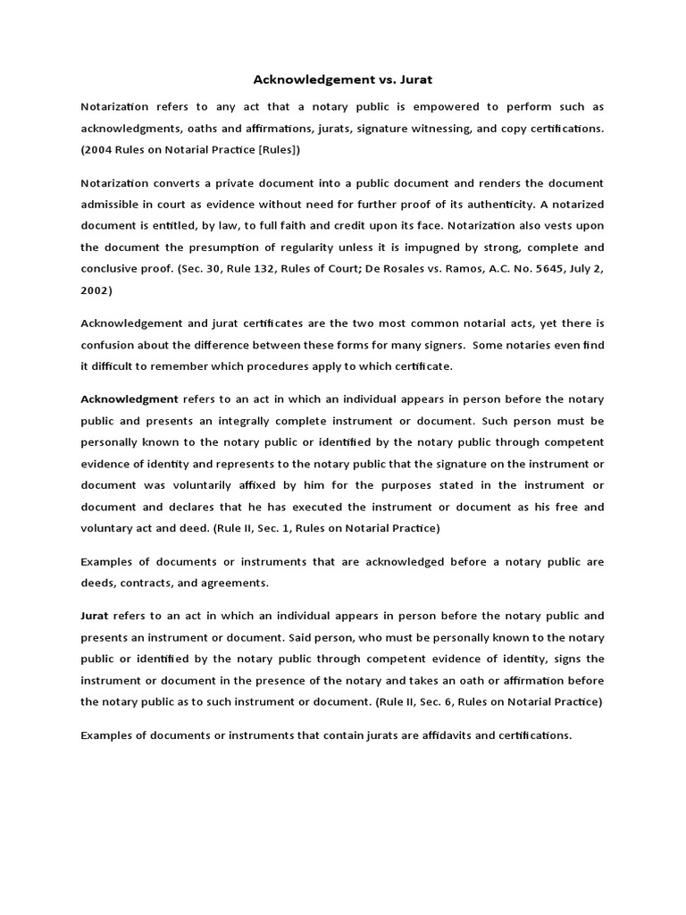 Acknowledgment vs. Jurat Explained | PDF | Law