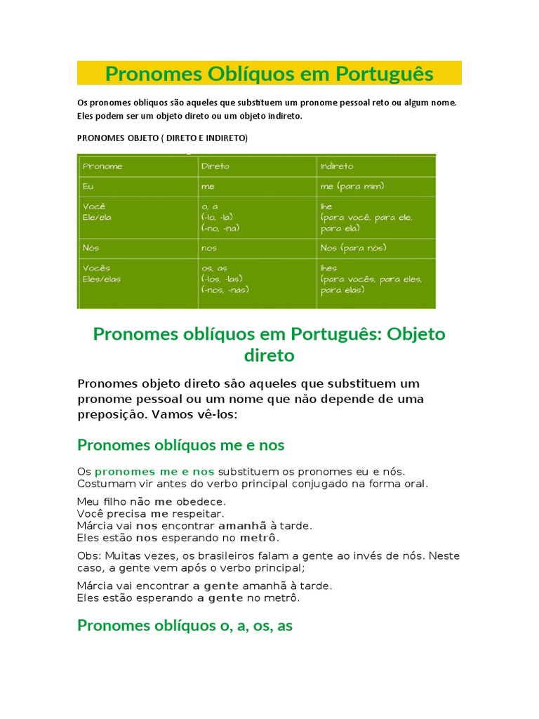 Pronomes Oblíquos Português | PDF | Pronome | Preposição e posposição
