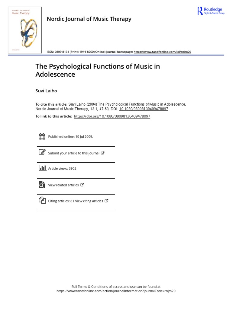 The Psychological Functions of Music in Adolescence PDF | PDF ...