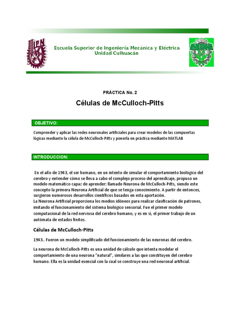 Células de McCulloch-Pitts en Matlab | PDF | Neurona | Red neuronal artificial