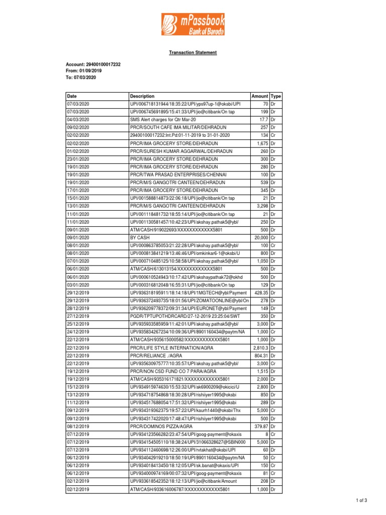 Bank of Baroda Transaction Statement | PDF | Banking | Financial Services