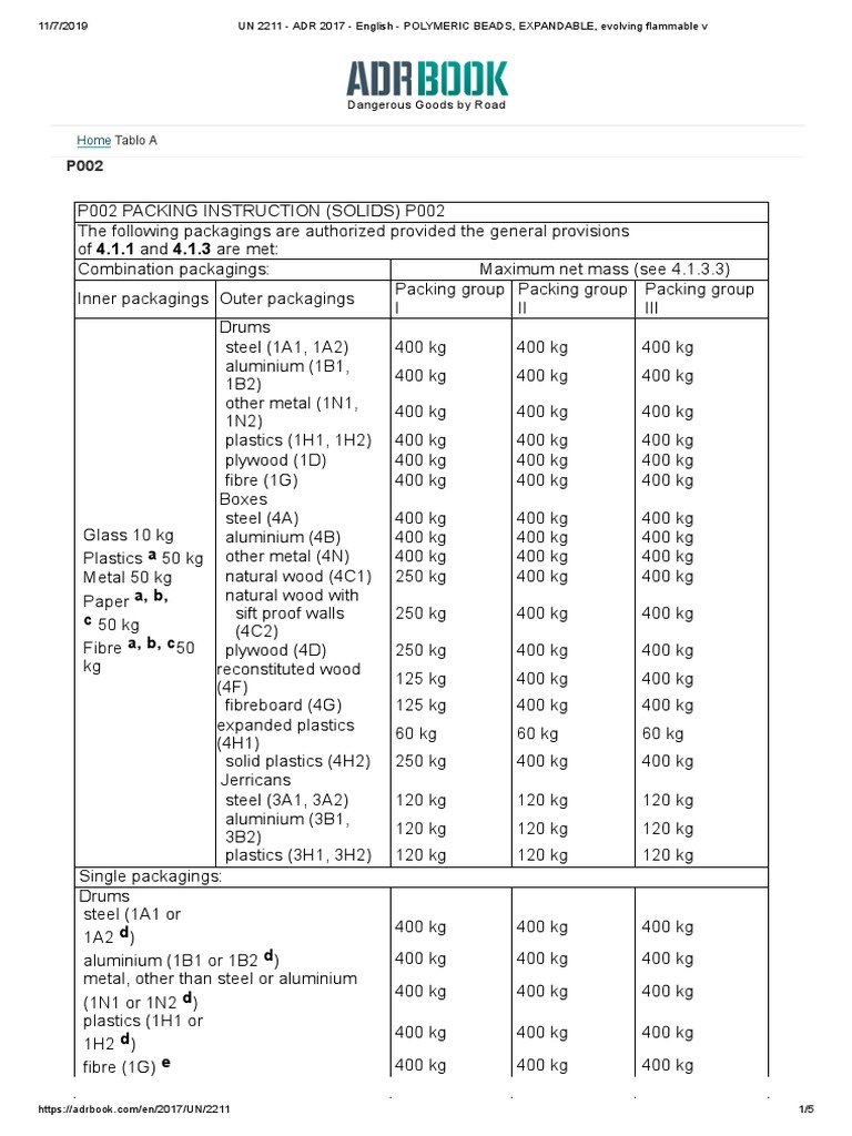 P002 PACKING INSTRUCTION (UN 2211 - ADR 2017 - English - POLYMERIC ...