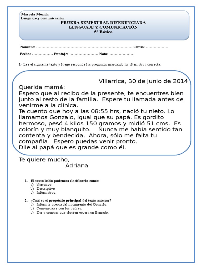 Prueba 5° Comprension Lectora Unidad1 Oficial ADECUADA | PDF