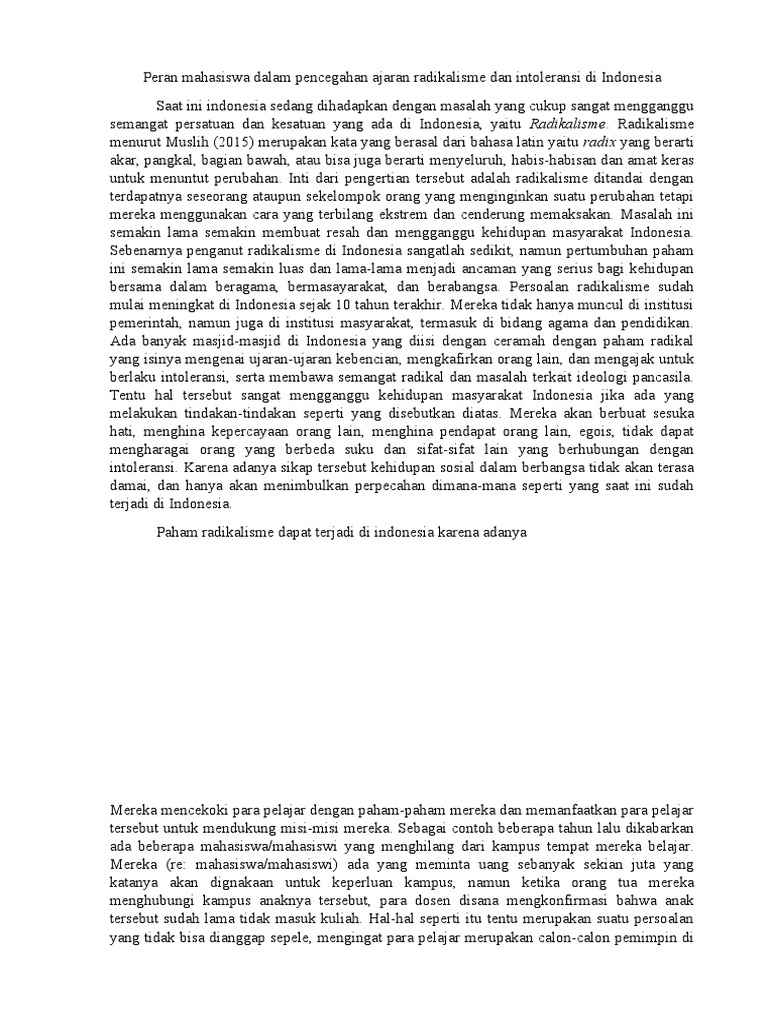 Peran Mahasiswa Dalam Pencegahan Ajaran Radikalisme Dan Intoleransi Di Indonesia | PDF