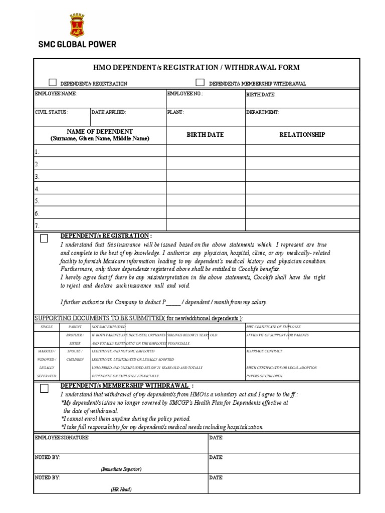 HMO Dependent Registration Form | PDF | Marriage | Birth Certificate