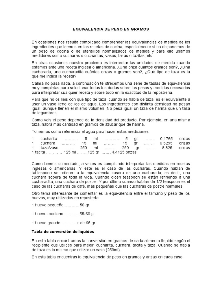 Guía completa sobre equivalencias de peso en gramos para interpretar ...