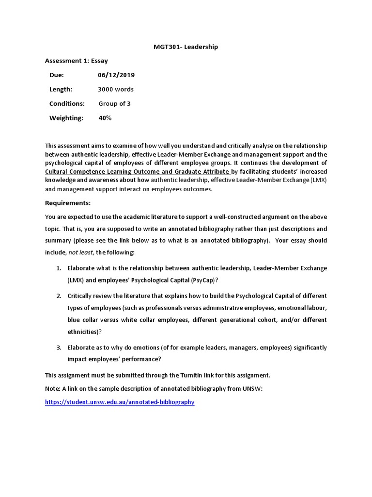 MGT301 Assessment 1 and Marking Criteria | PDF | Essays | Leadership