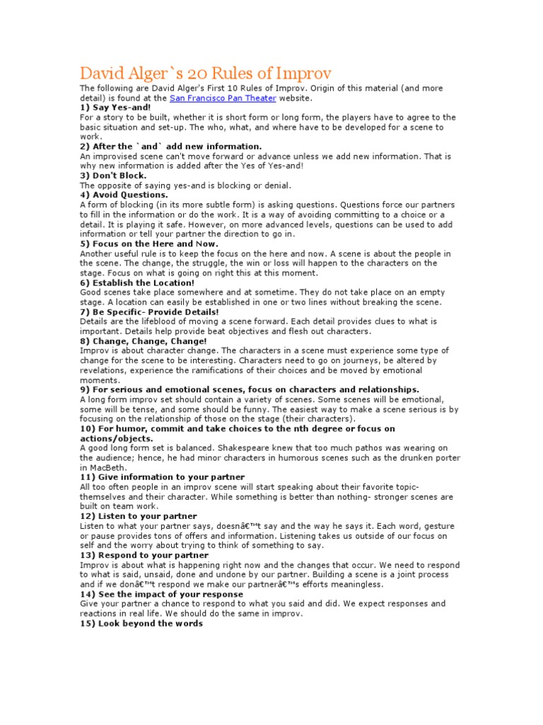 20 Reguli Ptr. Improvizatie David Alger | PDF | Improvisational Theatre ...