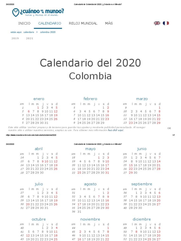 Calendario de Colombia Del 2020 - ¿Cuándo en El Mundo | PDF ...