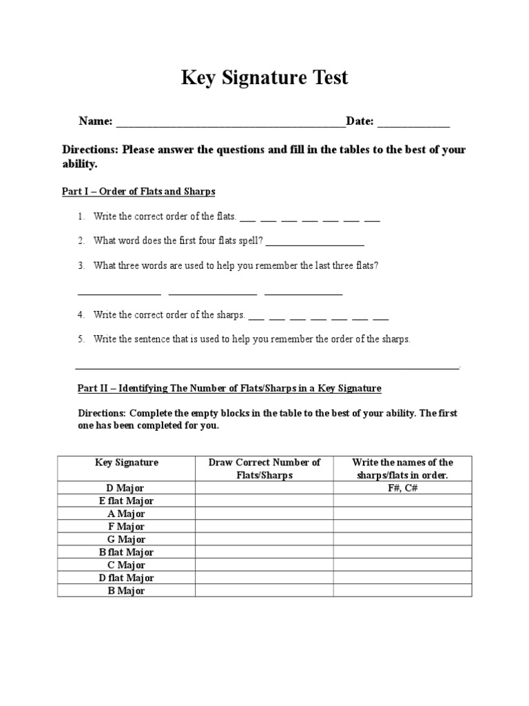 Key Signature Test | PDF | Pitch (Music) | Notation